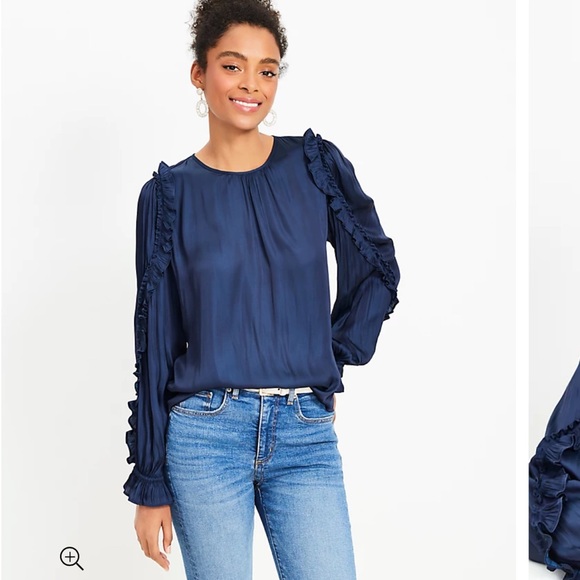 LOFT | Tops | Mixed Media Ruffle Sleeve Top Deep Space Blue | Poshmark